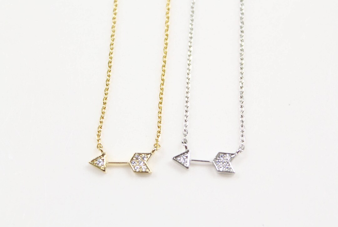 Sideways Arrow Necklace, Tiny Arrow With Cubic Stones, Gold/silver ...