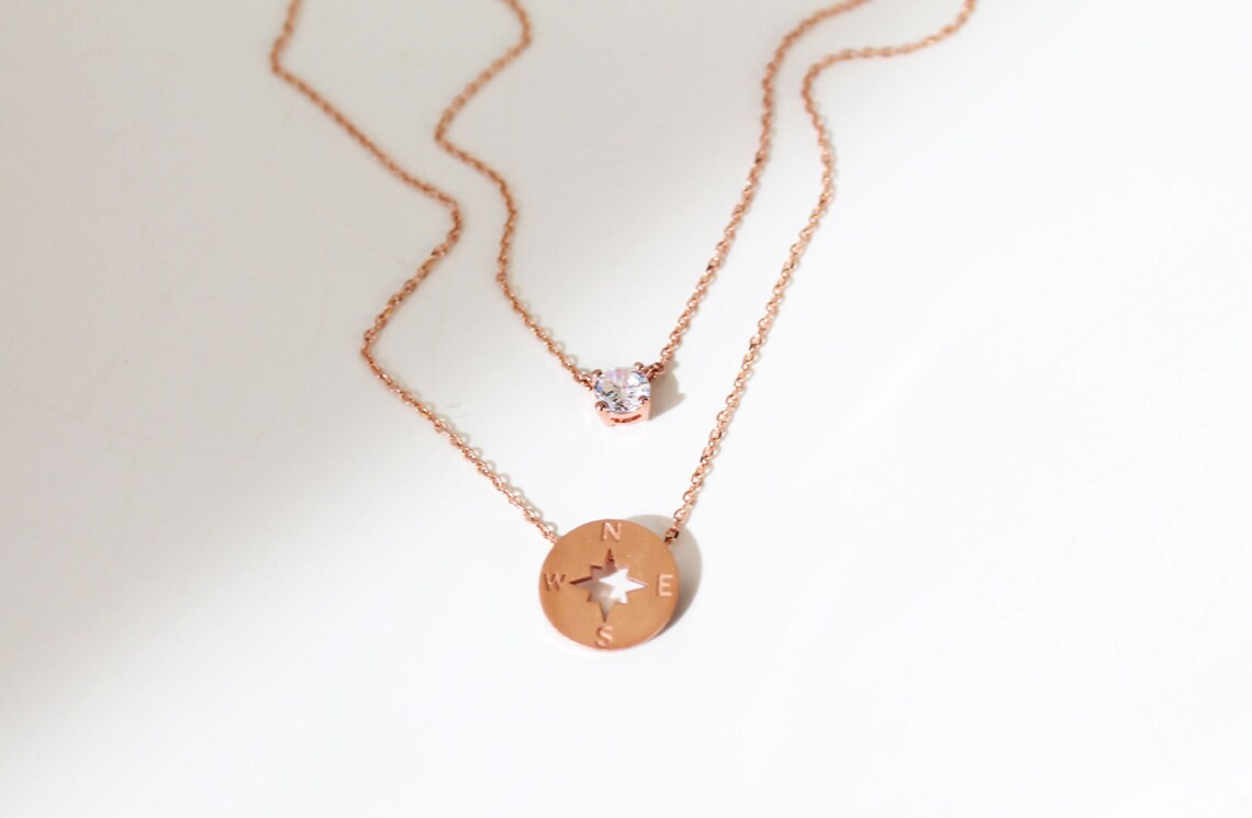Double Layered Chain Necklace in Gold/silver/rose Gold, Solitaire Cubic ...