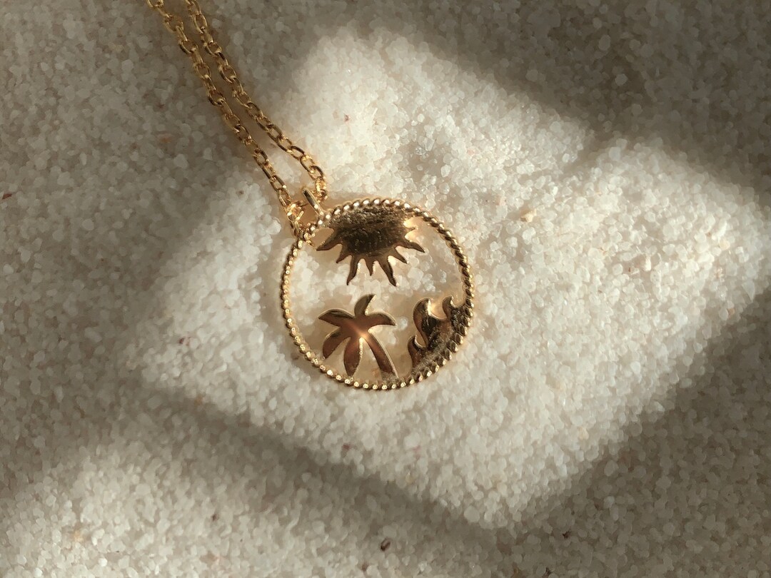 Wave Palm Sun Symbols Pendant Necklace, Gold Medallion Necklace, Ocean ...