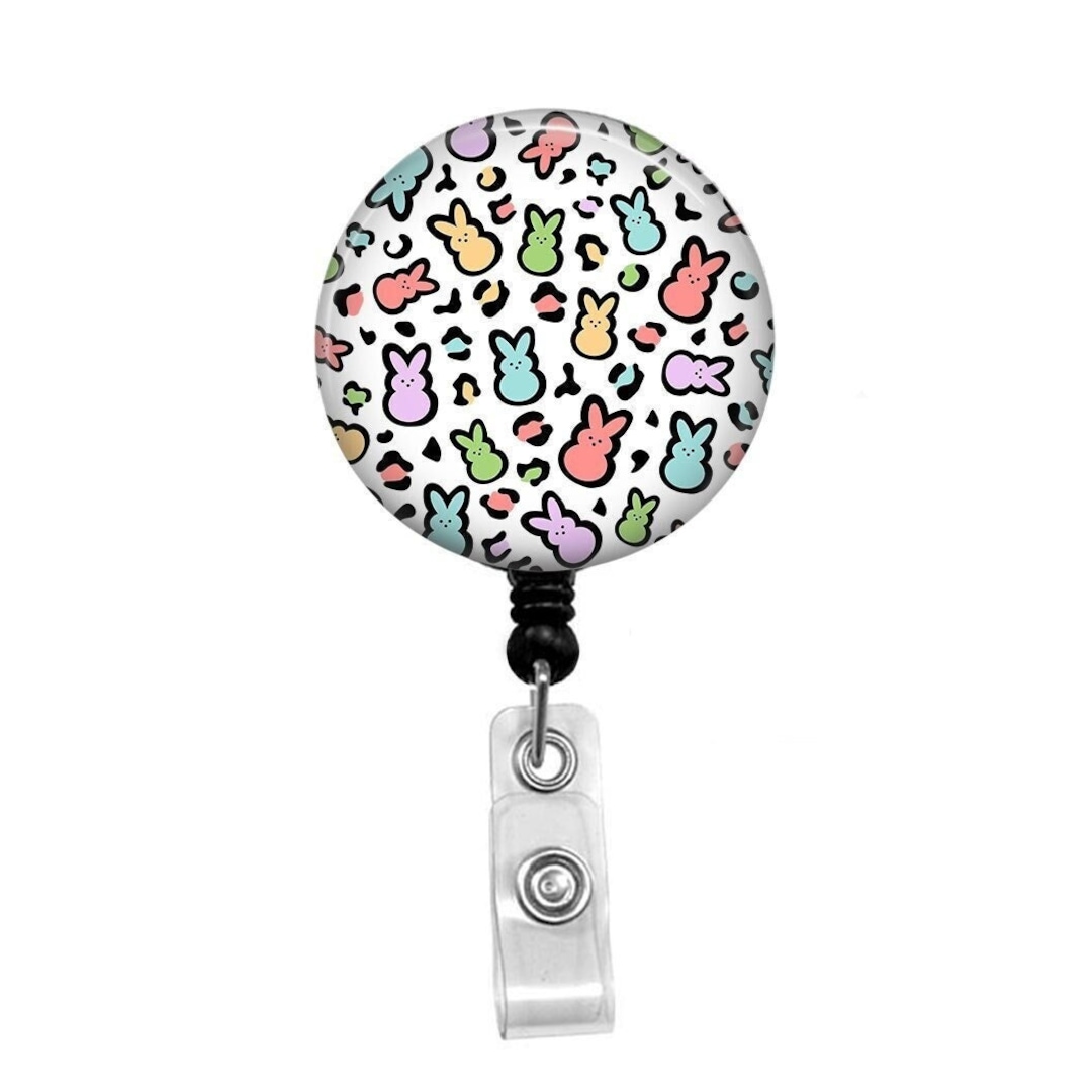 Easter Badge Reel, Leopard Print Marshmallow Bunny Badge Reel, Cute ...