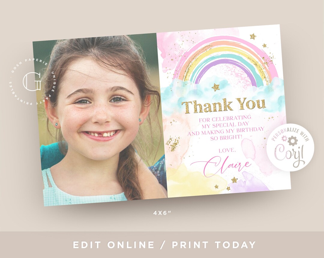 Rainbow Thank You Card, Photo Card, Rainbow Party Invitation, Birthday ...