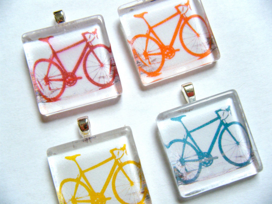 Bike Pendant Glass Tile Red Yellow Orange Turquoise Bicycle Cyclist ...