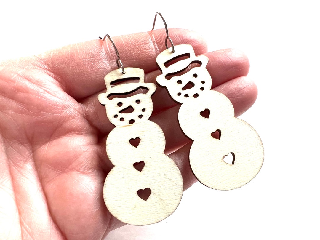 Snowman Earrings Wood Dangle Natural Wood Winter Statement Jewelry ...