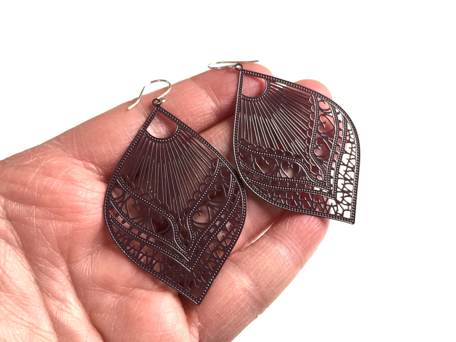 Purple Filigree Earrings Dangle Bohemian Large Metal Teardrop - Etsy