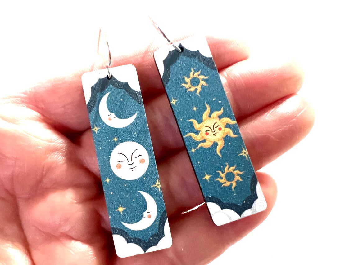 Sun Moon Earrings Dangle Wood Statement Jewelry Celestial Blue - Etsy