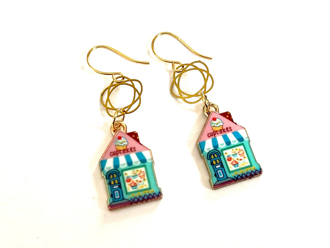 Bakery House Dangle Earrings: Enamel Cupcake Shop Whimsical Jewelry - Etsy