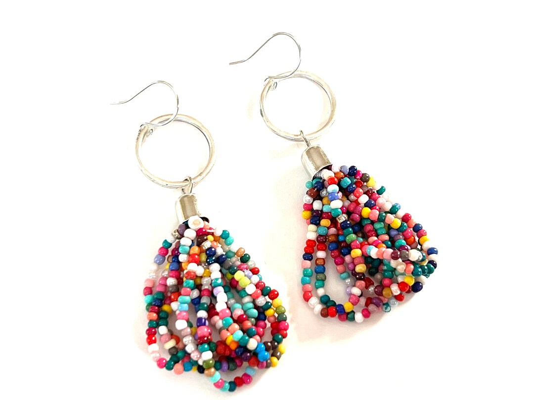 Bohemian Earrings Dangle Seed Beads Silver Colorful Bead Statement ...