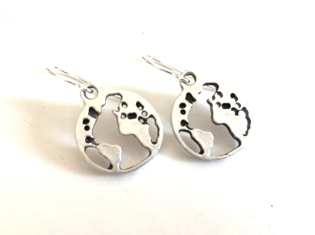 Earth Earrings Silver Dangle Drop Circle Cut Out Style Image Wire Hook ...