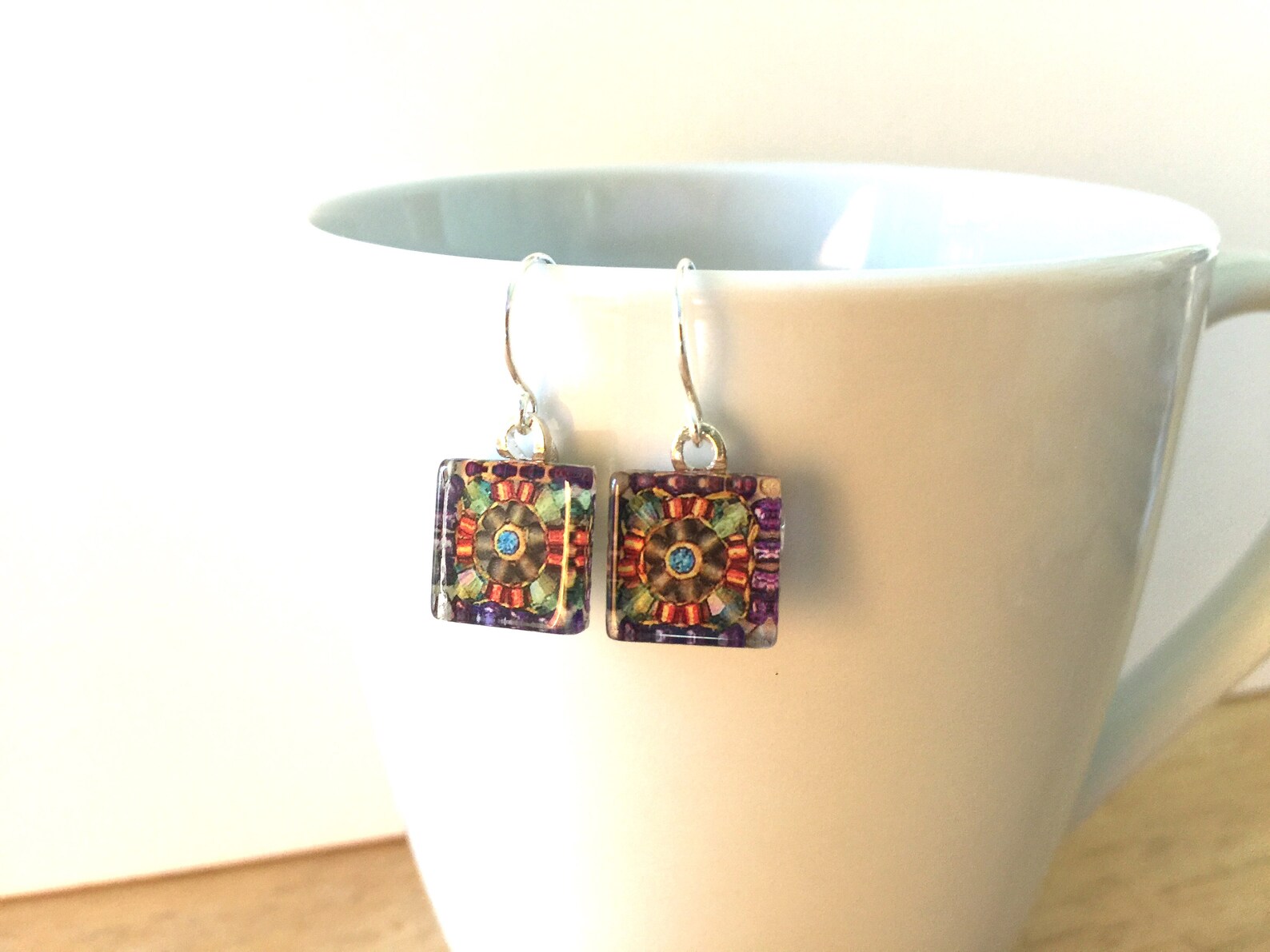 Mandala Glass Tile Earrings Dangle Bead Jewel Bright Art - Etsy