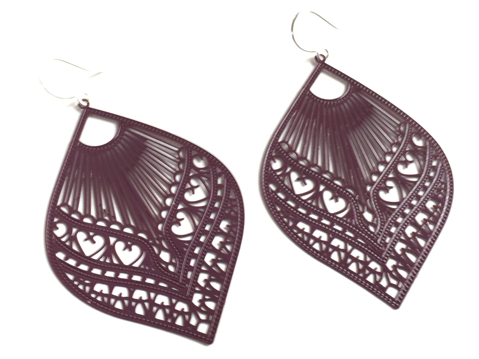 Purple Filigree Earrings Dangle Bohemian Large Metal Teardrop - Etsy