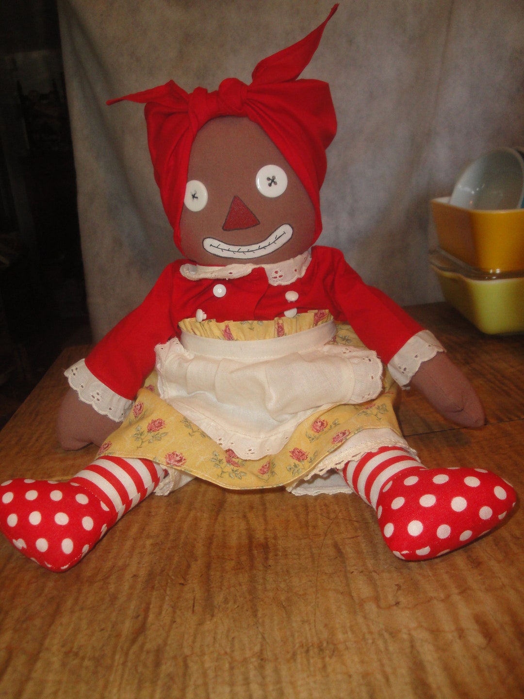 ONE Home Made Vintage Black Rag Cloth Doll Hand Made Clothing Painted ...