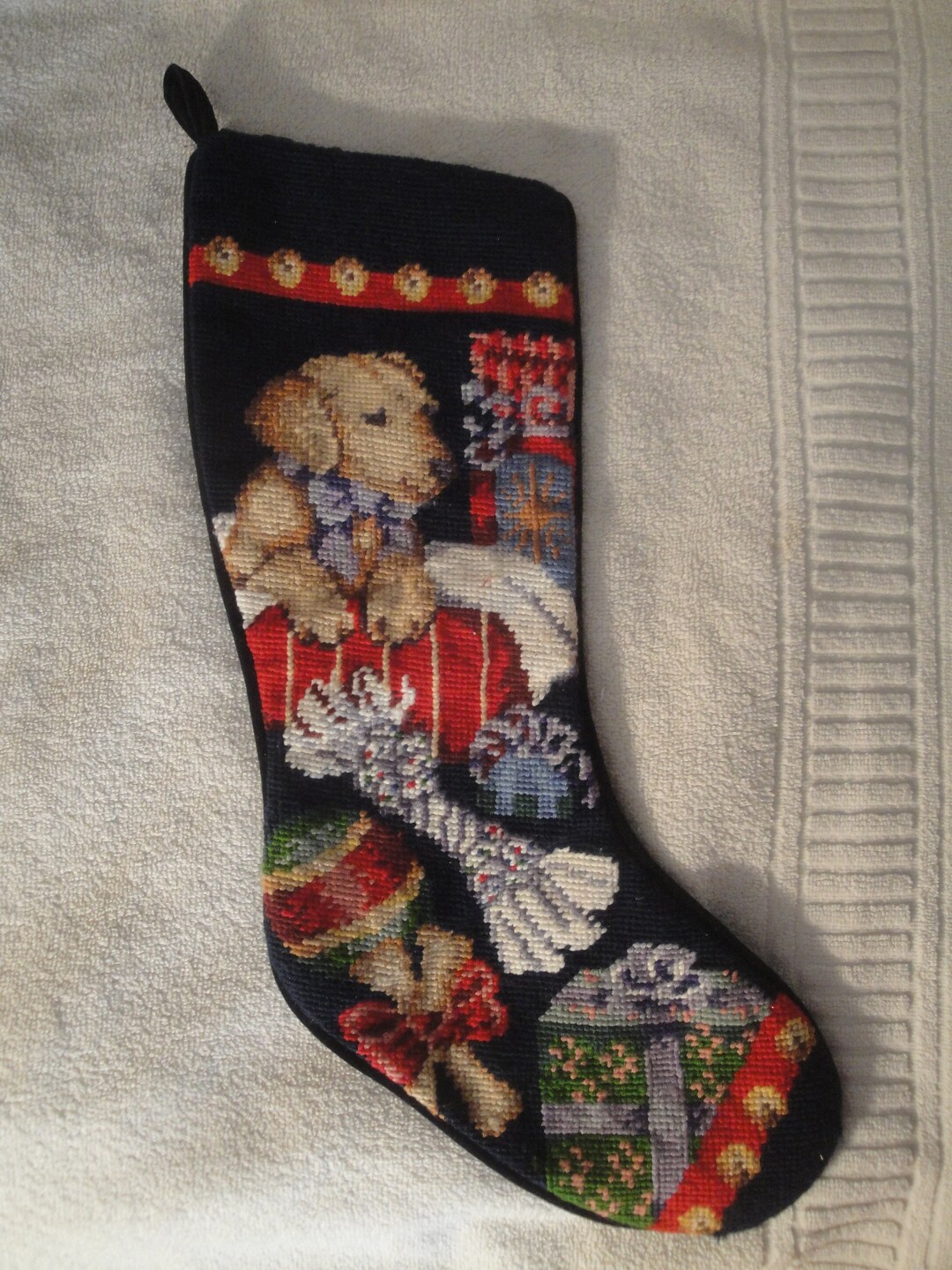 Vintage Needlepoint Christmas Stocking Lab Puppy Labrador Retriever ...