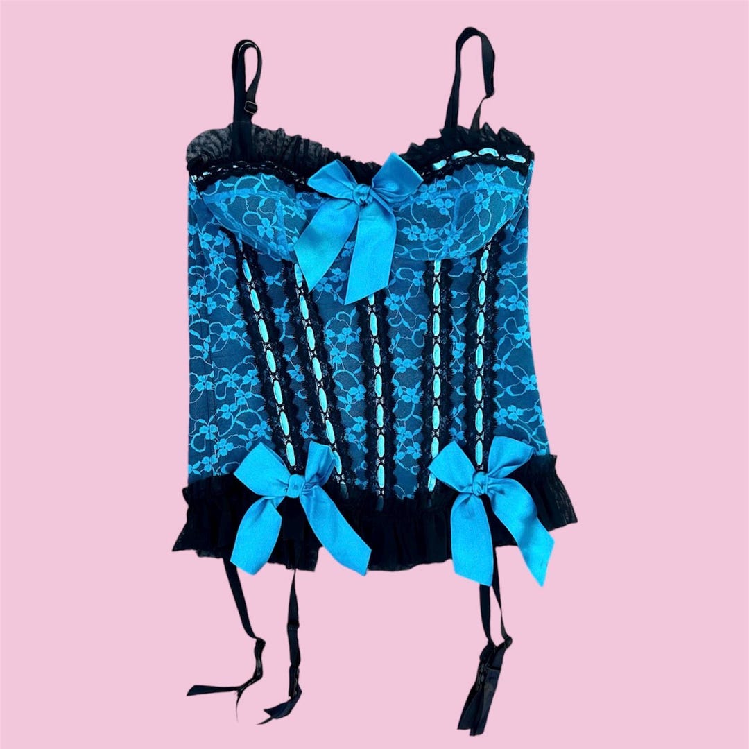 Blue Lacey Bow Bustier Corset Top With Removable Straps & Clips - Etsy