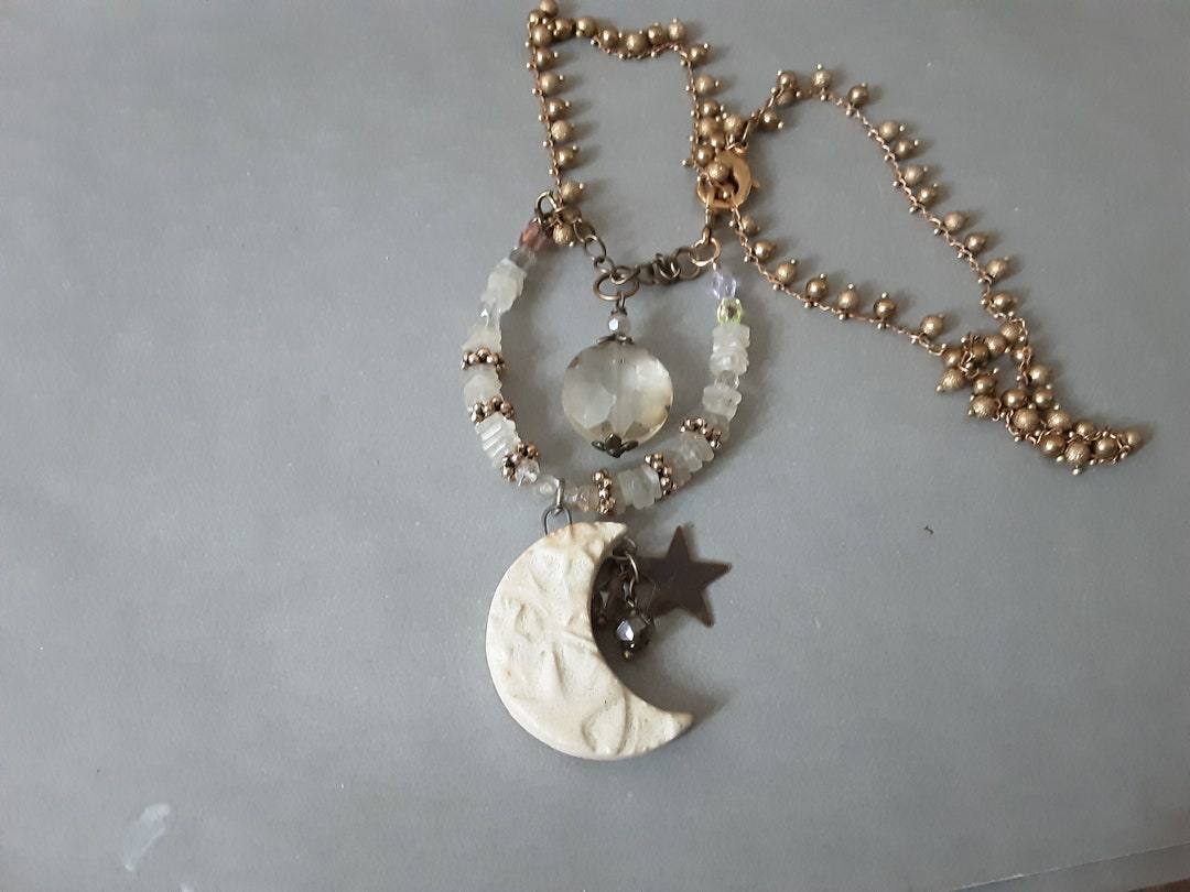 Handcrafted Ceramic Crescent Moon With White Moonstone Brass Spacers ...