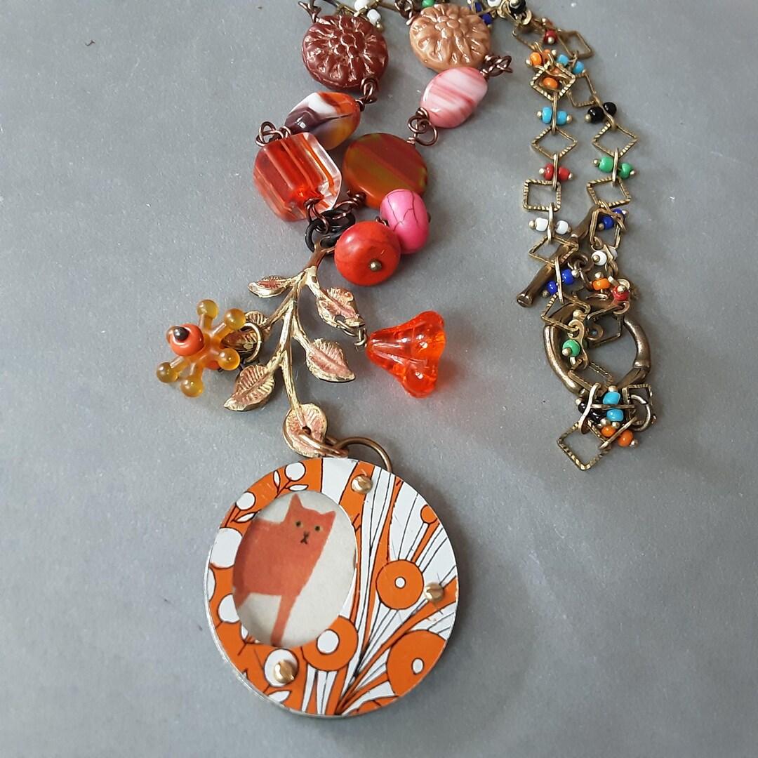 Handcrafted Reversible Tin Pendant of Orange Cat With Brass Branch ...