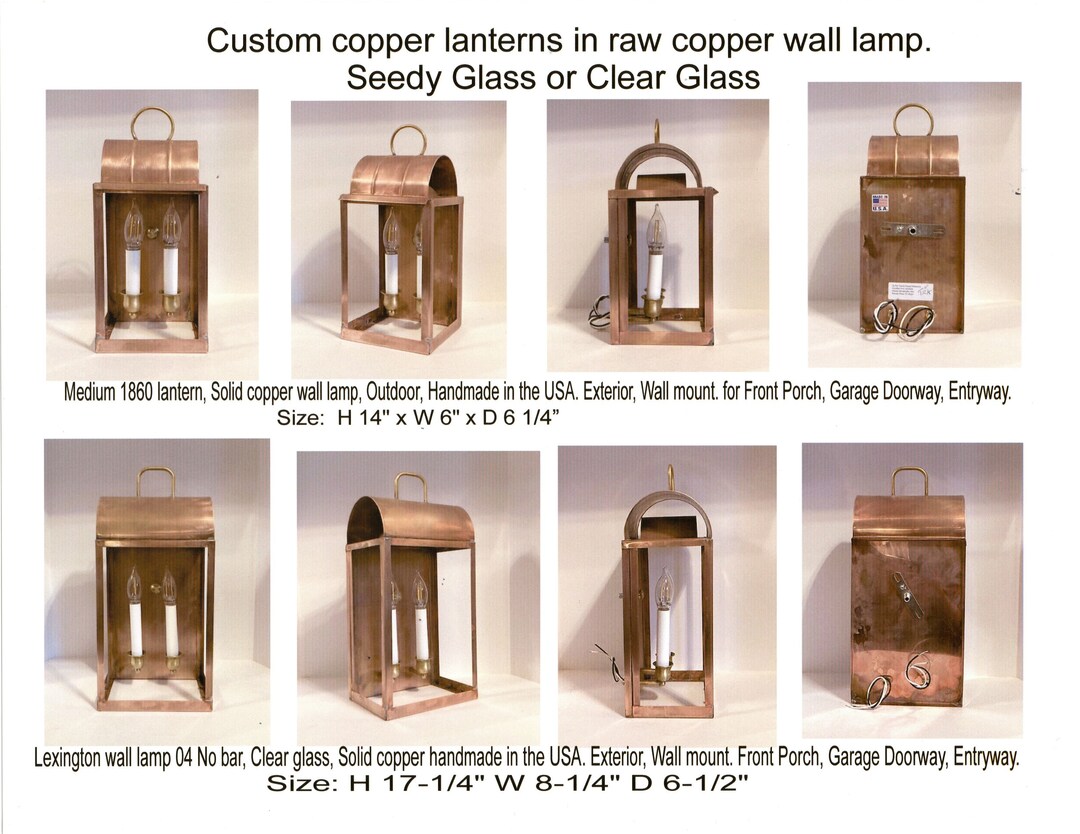 Custom Copper Lanterns in Raw Copper. Wall Lamps. Clear Glass or Seedy ...