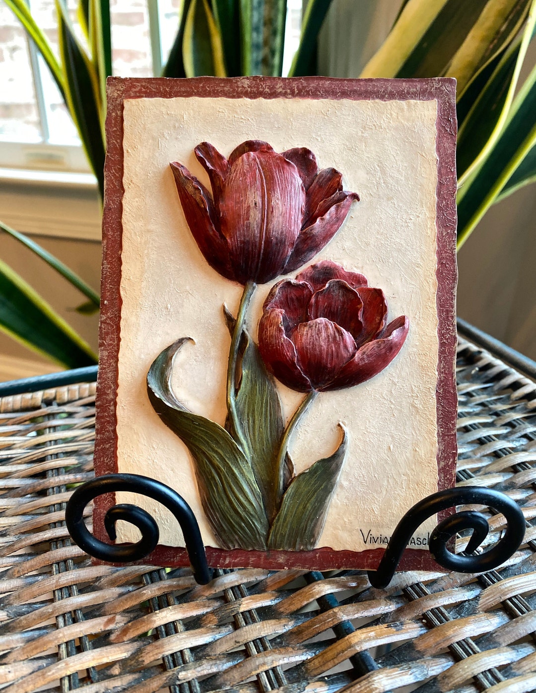 Vivian Flasch Art Wall Tile, Raised Rustic Deep Red Flowers, Approx 4 X ...