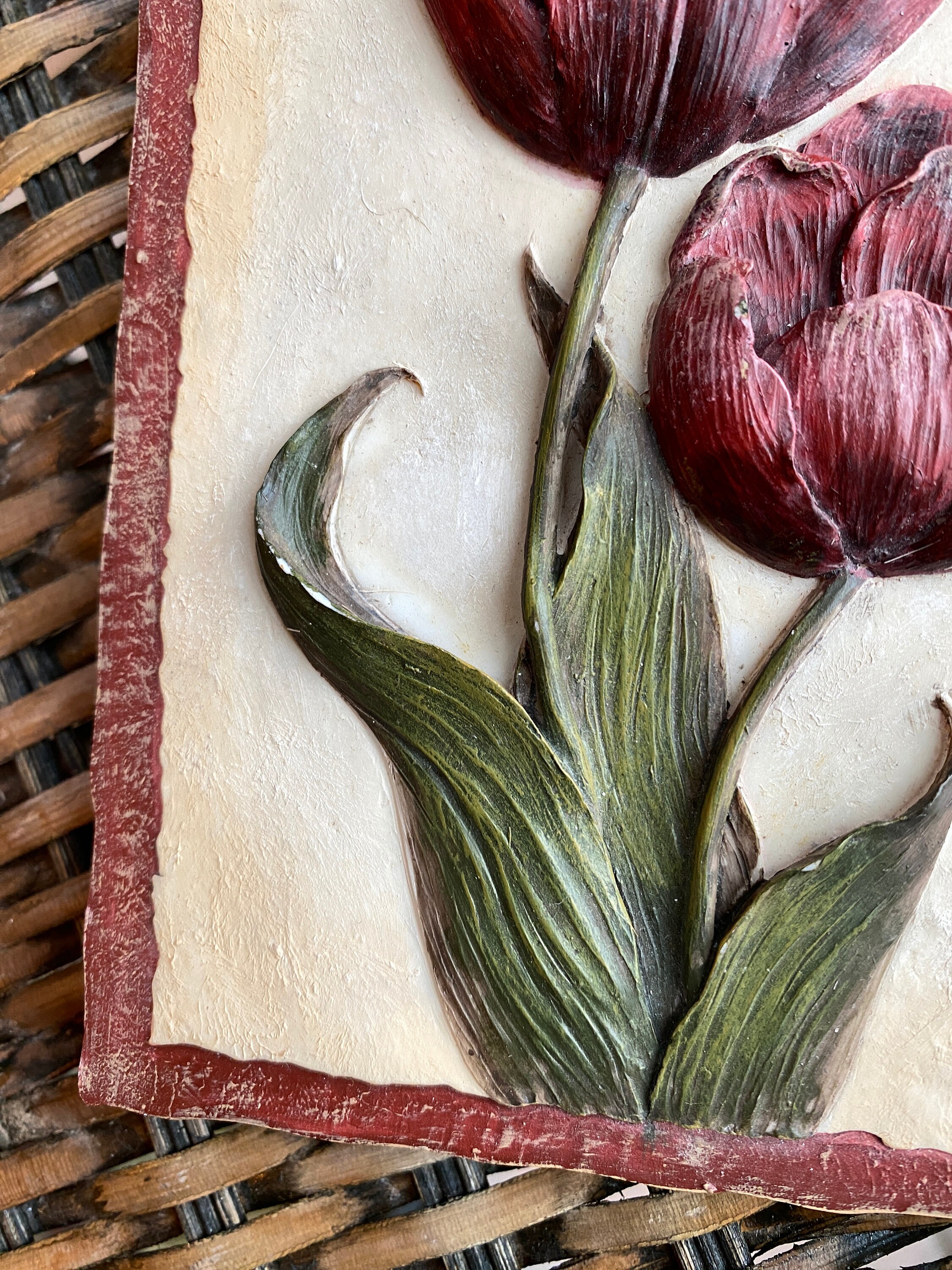 Vivian Flasch Art Wall Tile Raised Rustic Deep Red Flowers - Etsy