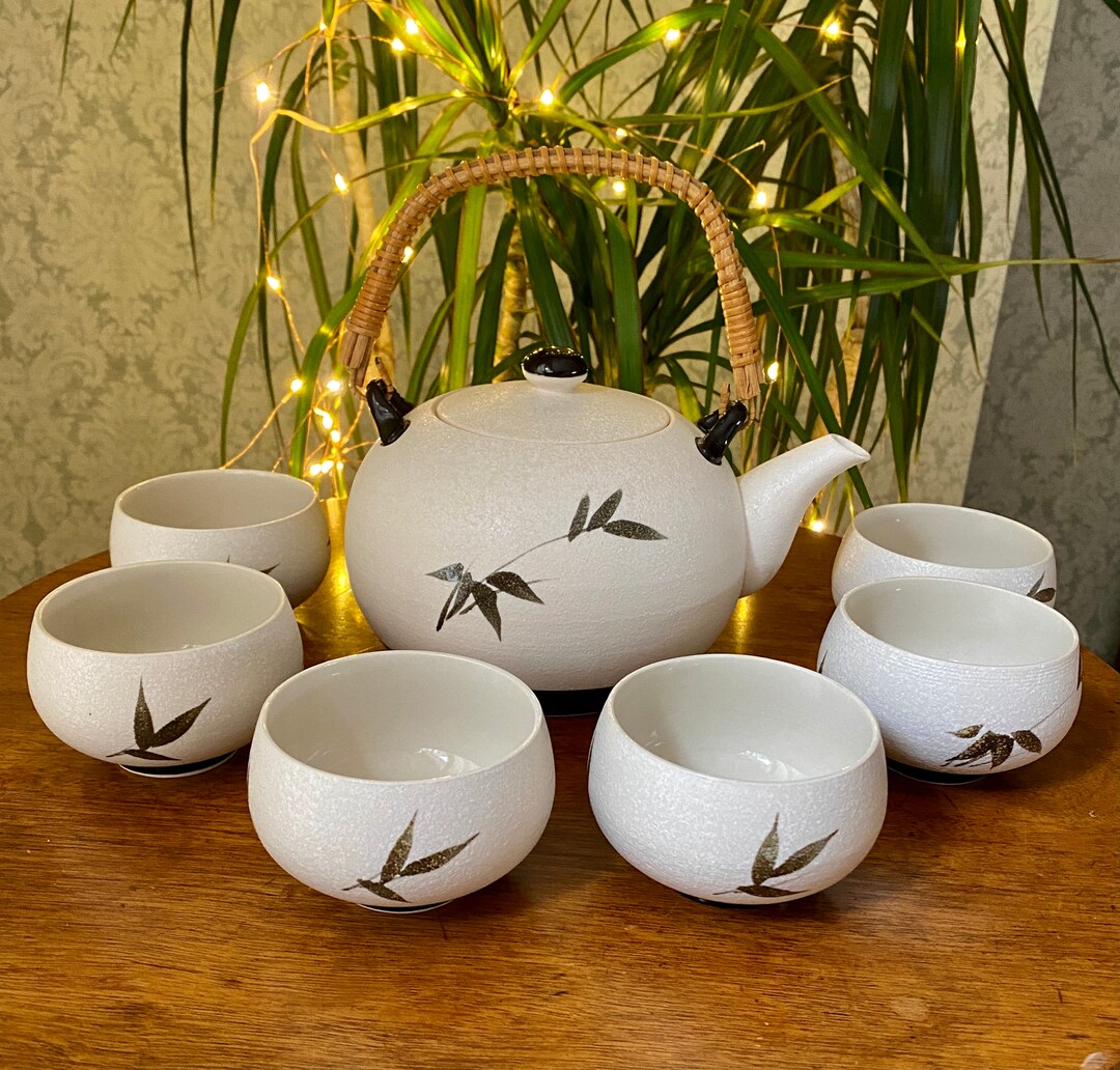 Otagiri Tea Set, Teapot & 6 Tea Cups, Olive Green Bamboo Leaf Design ...