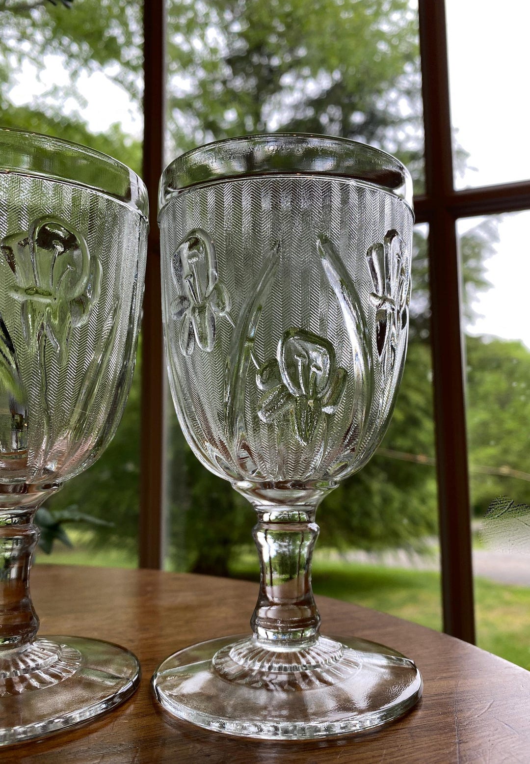 Vintage Footed Water Goblets, 10 Oz. Iris Herringbone by Jeannette ...