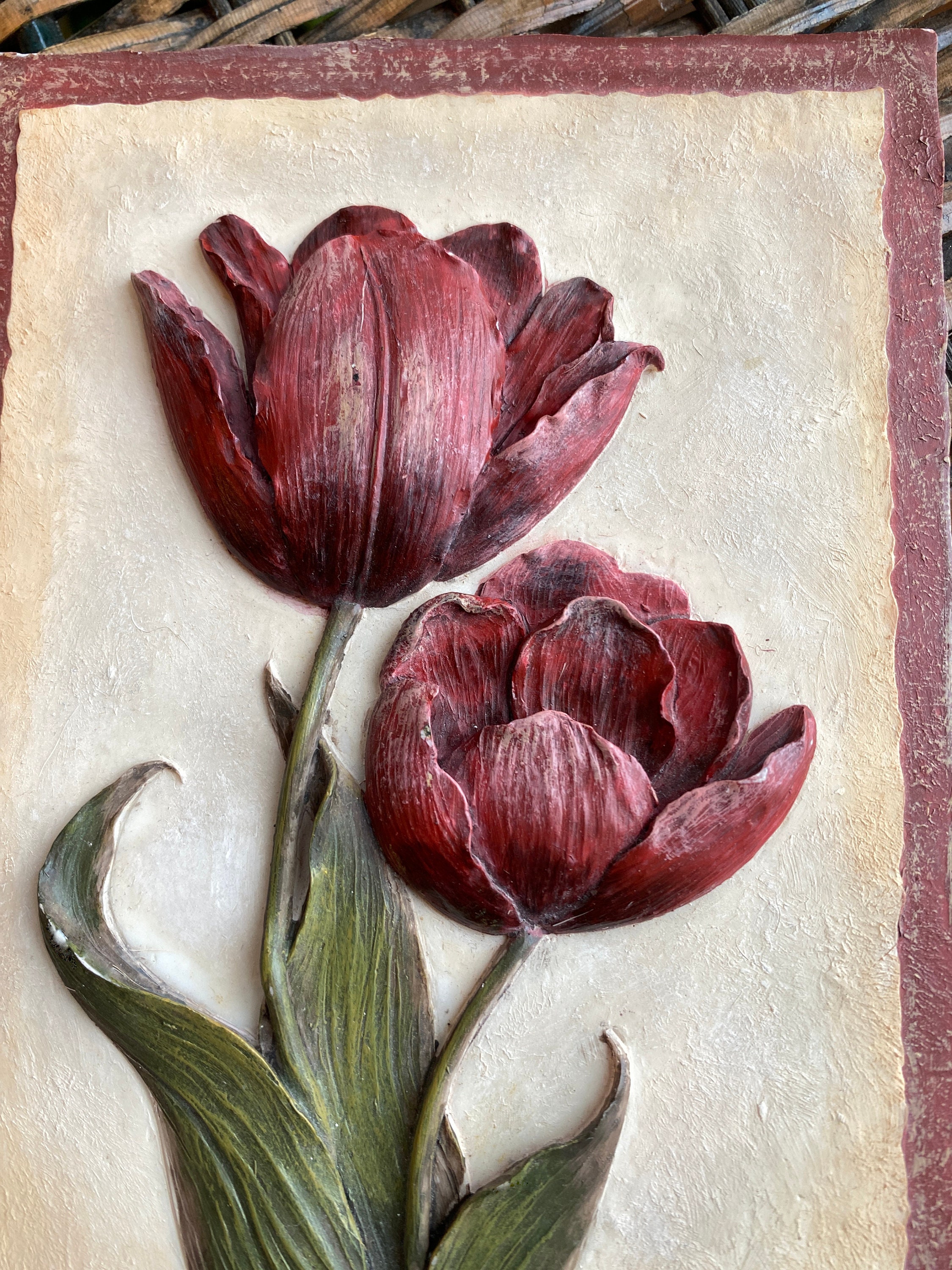 Vivian Flasch Art Wall Tile Raised Rustic Deep Red Flowers - Etsy