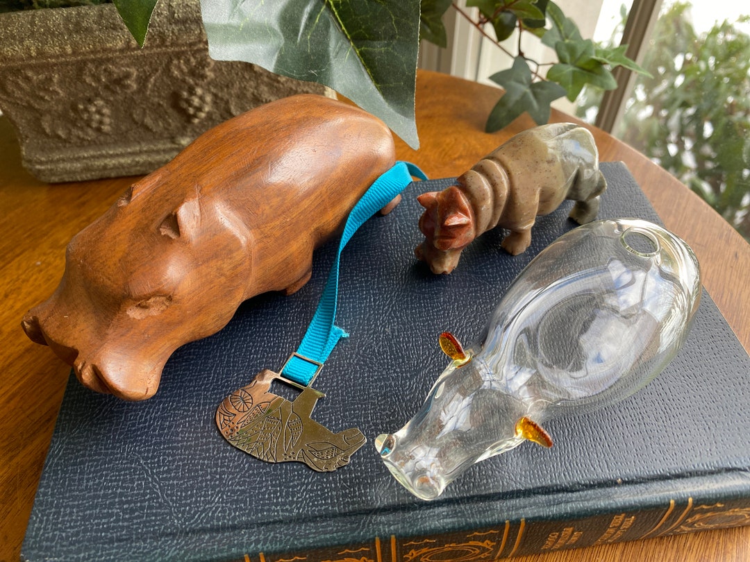 Fun Hippo Collection, 4 Pieces Total, Hand Carved Wooden, Glass, Stone ...