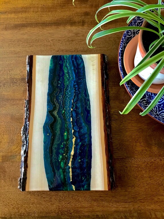 Acrylic & Resin Pour Painting on Live Edge Wood with Gold | Etsy
