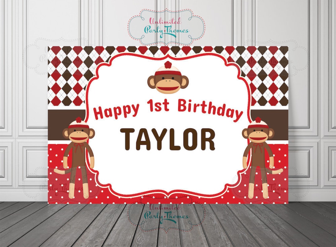 Sock Monkey Birthday Banner, PRINTED Backdrop, Monkey Party Decorations ...