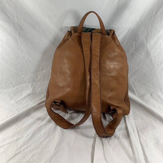 Vintage tan leather backpack rucksack with tapestry w… - Gem