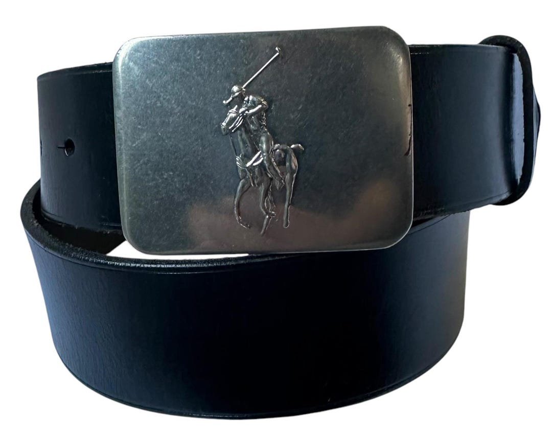 POLO RALPH LAUREN Black Leather Pony Silver Tone Plaque Belt Size 32/80 ...