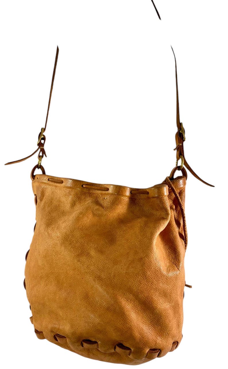 Vintage ALLHAN Jennifer Stilwell Tan Leather Drawstring Bucket Shoulder ...