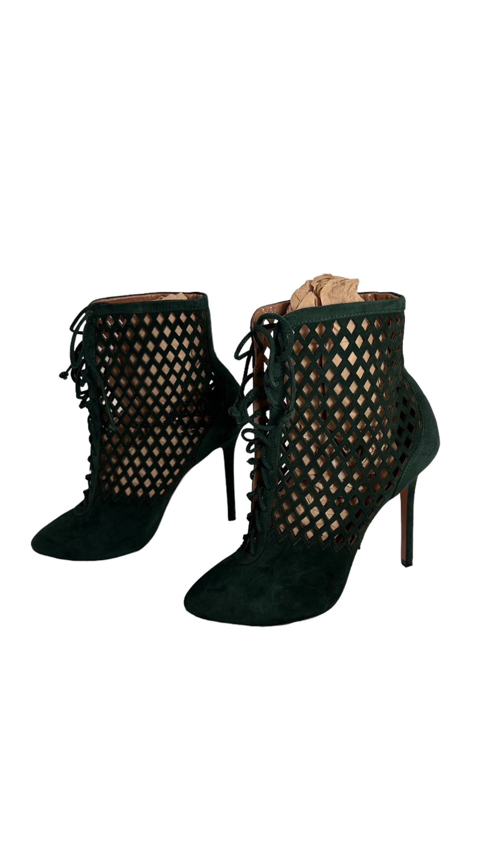 Classic Ladies ALAÏA Green Suede Lace up Laser Cut Chamois Booties 38 7 ...