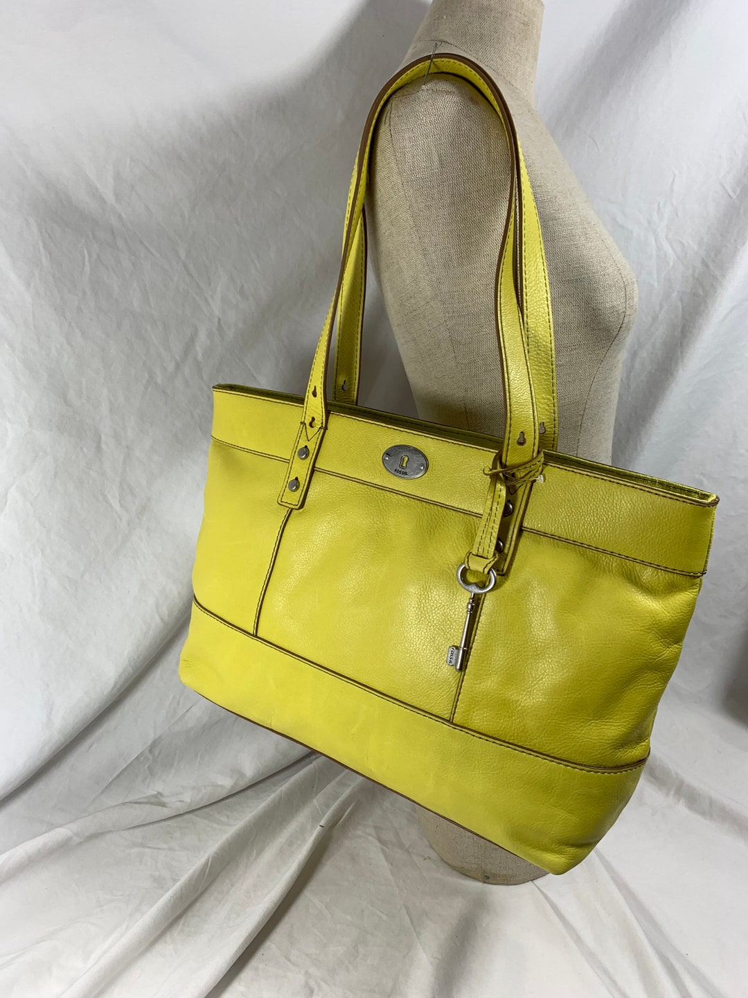 Genuine Vintage FOSSIL Bright Yellow Leather Tote Bag With Key Fob - Etsy