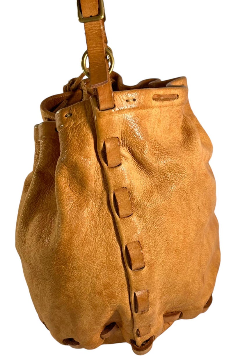 Vintage ALLHAN Jennifer Stilwell Tan Leather Drawstring Bucket Shoulder ...