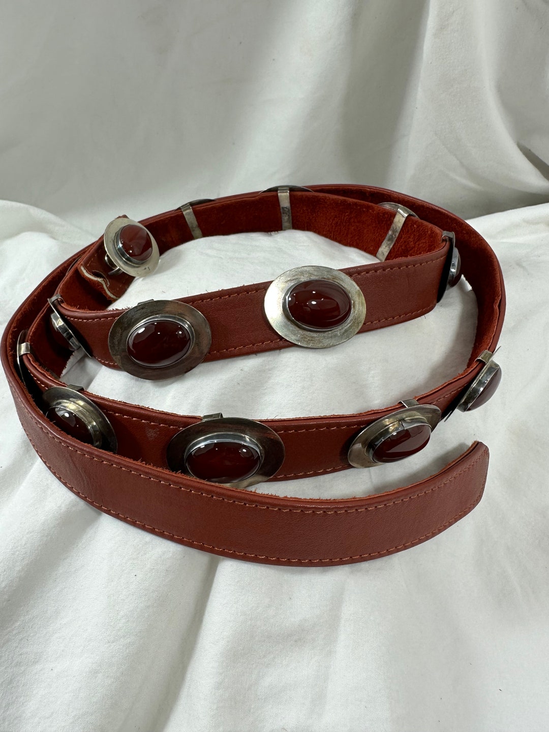 Vintage Sterling Silver Native American Oval Concho Leather Belt With ...
