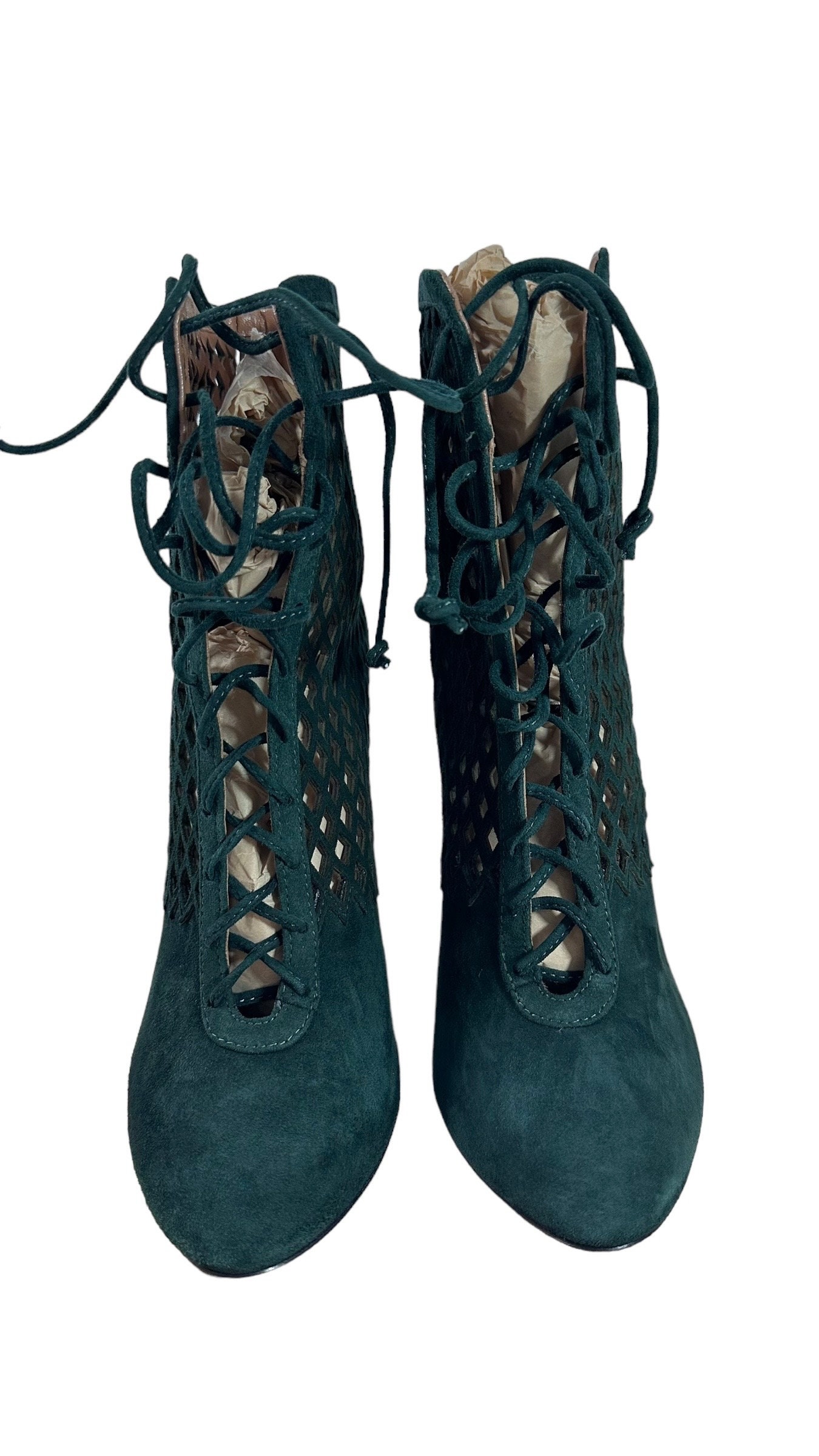 Classic Ladies ALAÏA Green Suede Lace up Laser Cut Chamois Booties 38 7 ...