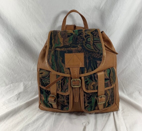 Vintage tan leather backpack rucksack with tapestry w… - Gem