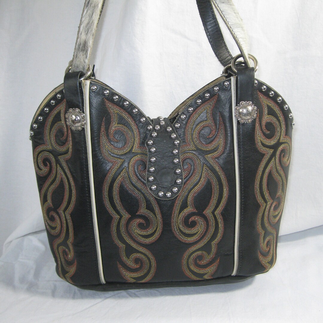 Genuine Vintage Black Leather Charro Western Bag With Multi Stitch Calf ...