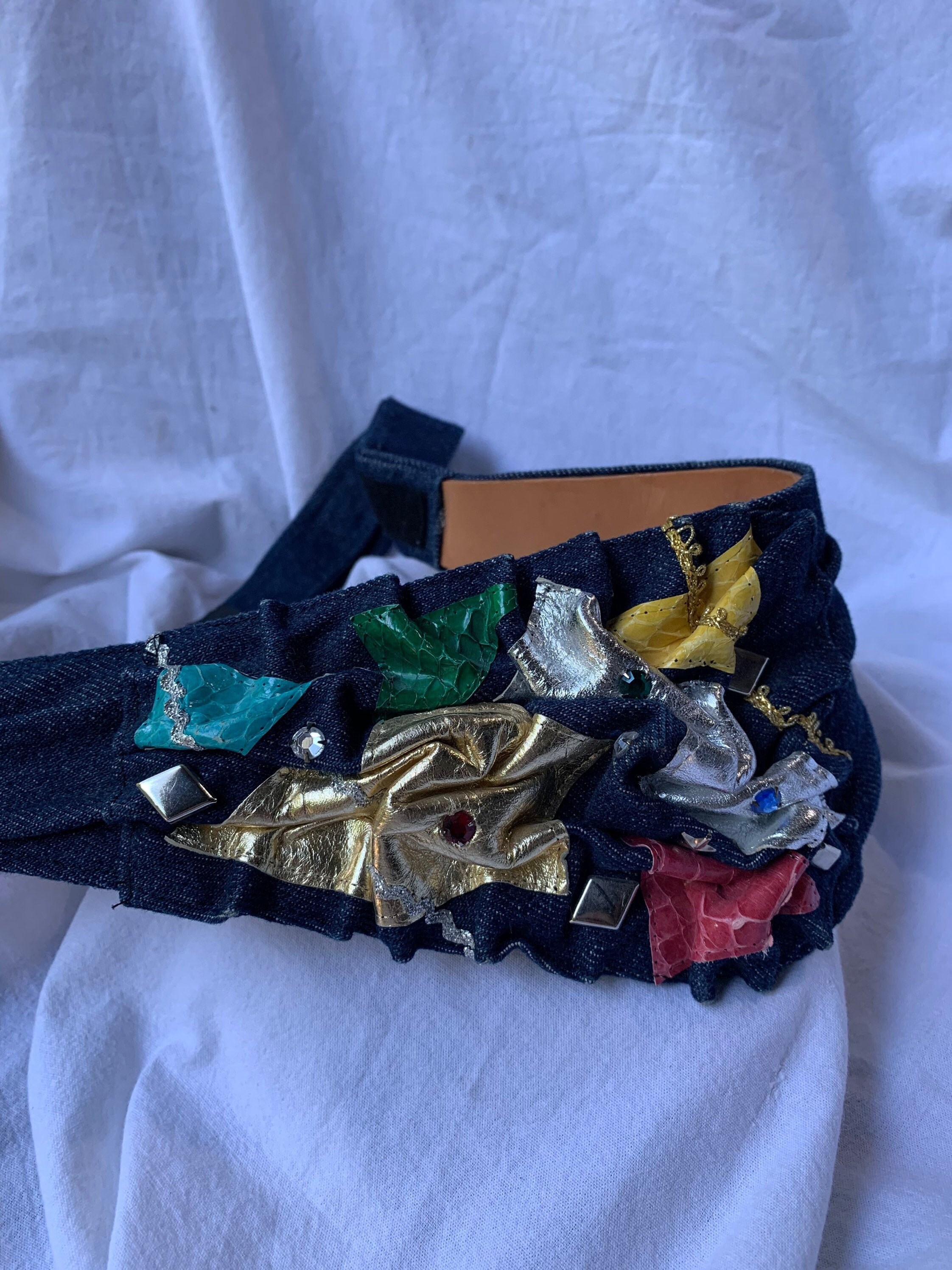 Vintage Denim Leather and Stones Belt Wide Medium 80s - Etsy Vintage Denim Leather and Stones Belt Wide Medium 80s - Etsy