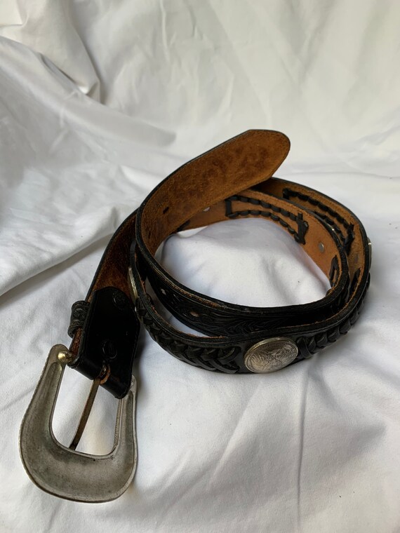 Stunning vintage JUSTIN USA black leather woven belt … - Gem