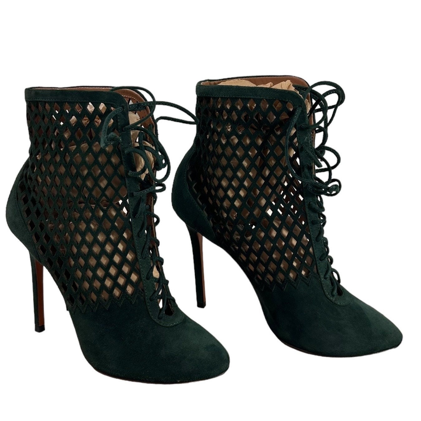 Classic Ladies ALAÏA Green Suede Lace up Laser Cut Chamois Booties 38 7 ...