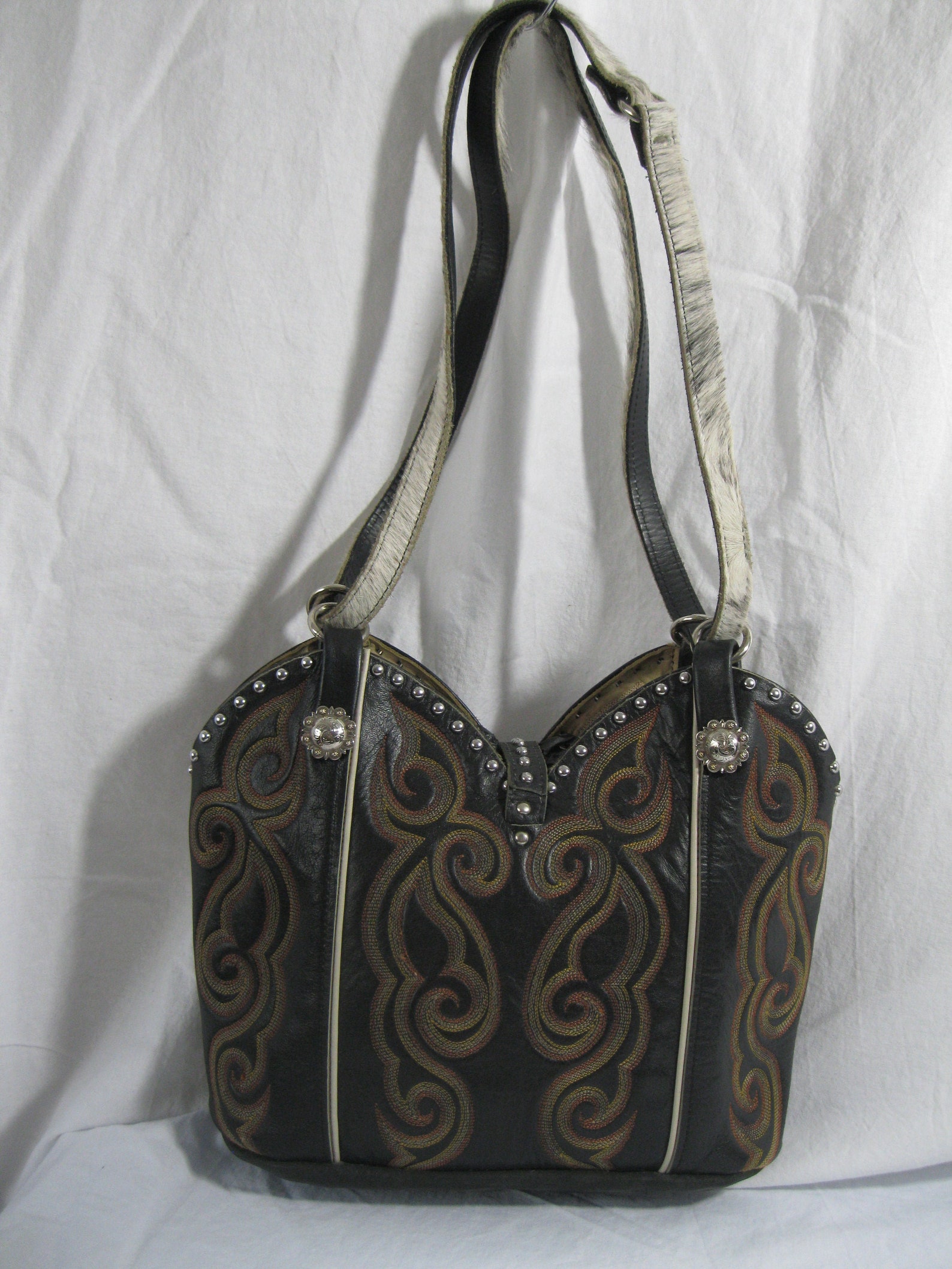 Genuine Vintage Black Leather Charro Western Bag With Multi - Etsy