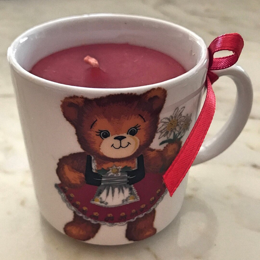 Red Tabletop Candle in White Cup W/ Brown Momma Bear by Reutter ...