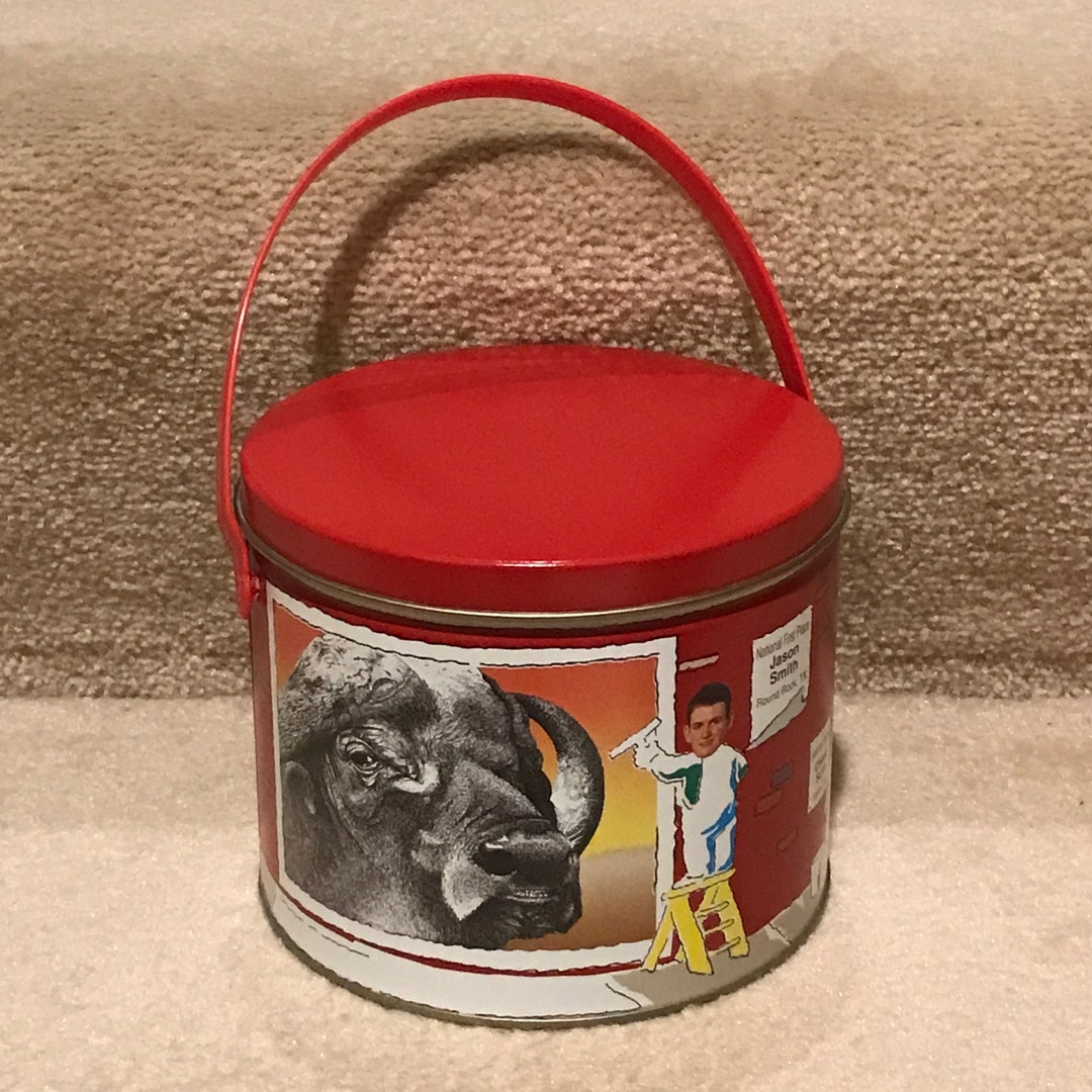 Decorative Red Popcorn Bucket Tin W/ Lid & Handle - Trails End Gourmet ...