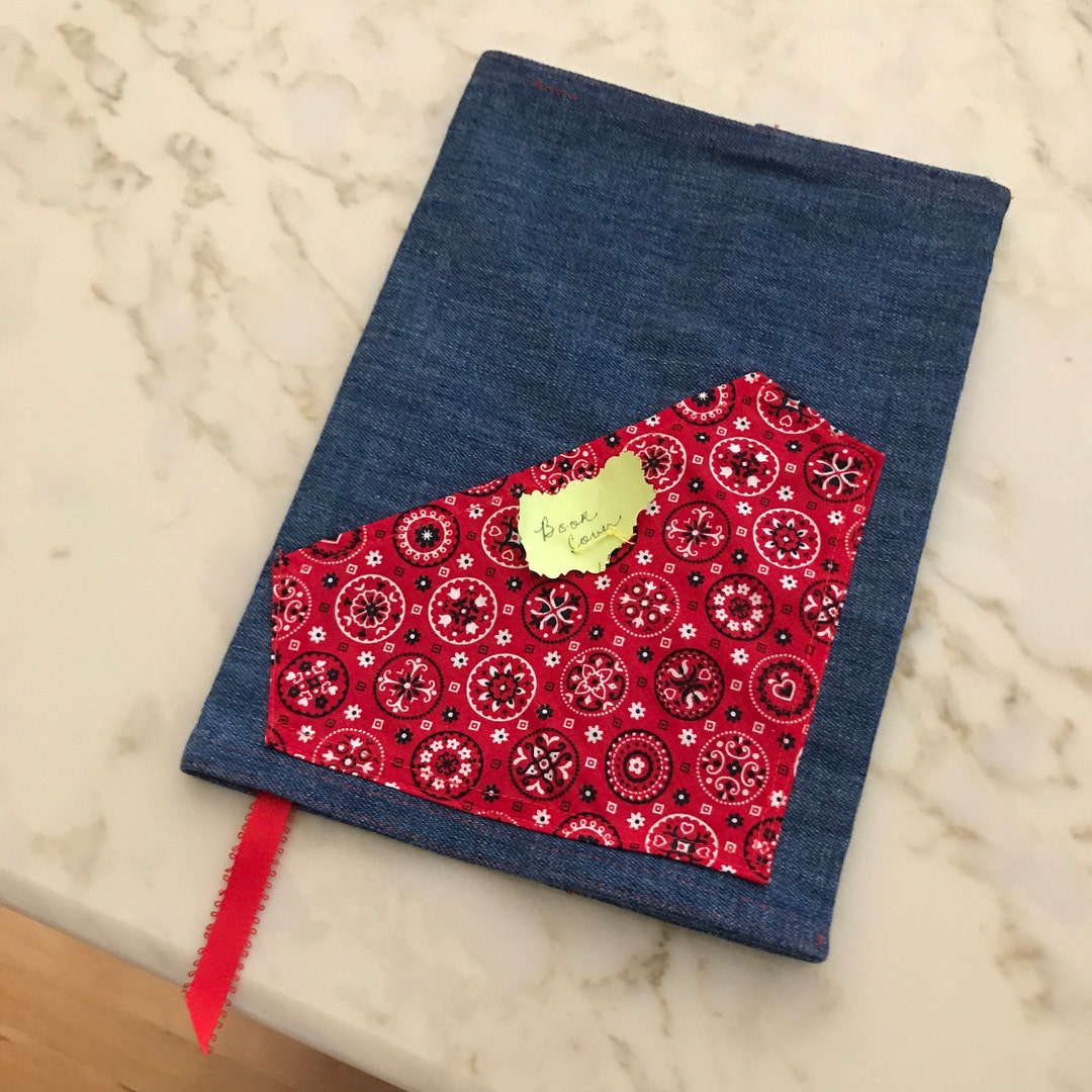Blue Denim Book Cover W/ Red Handkerchief Patch Pocket, Handmade, 1980s ...