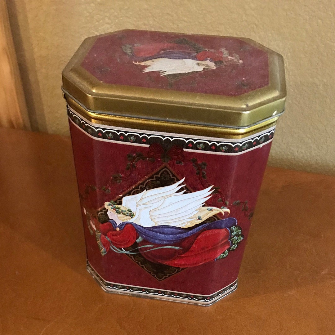 Decorative Red Storage Tin W/ Angels, Gift | Cookie | Candy | Cracker ...
