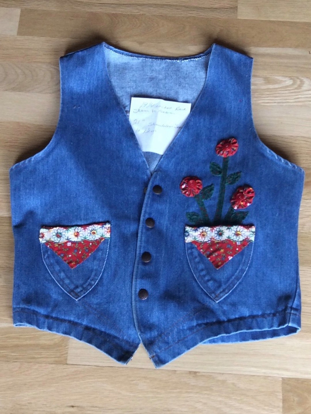 Handmade Blue Denim Vest With Red Flower Appliques and White Lace Trim ...