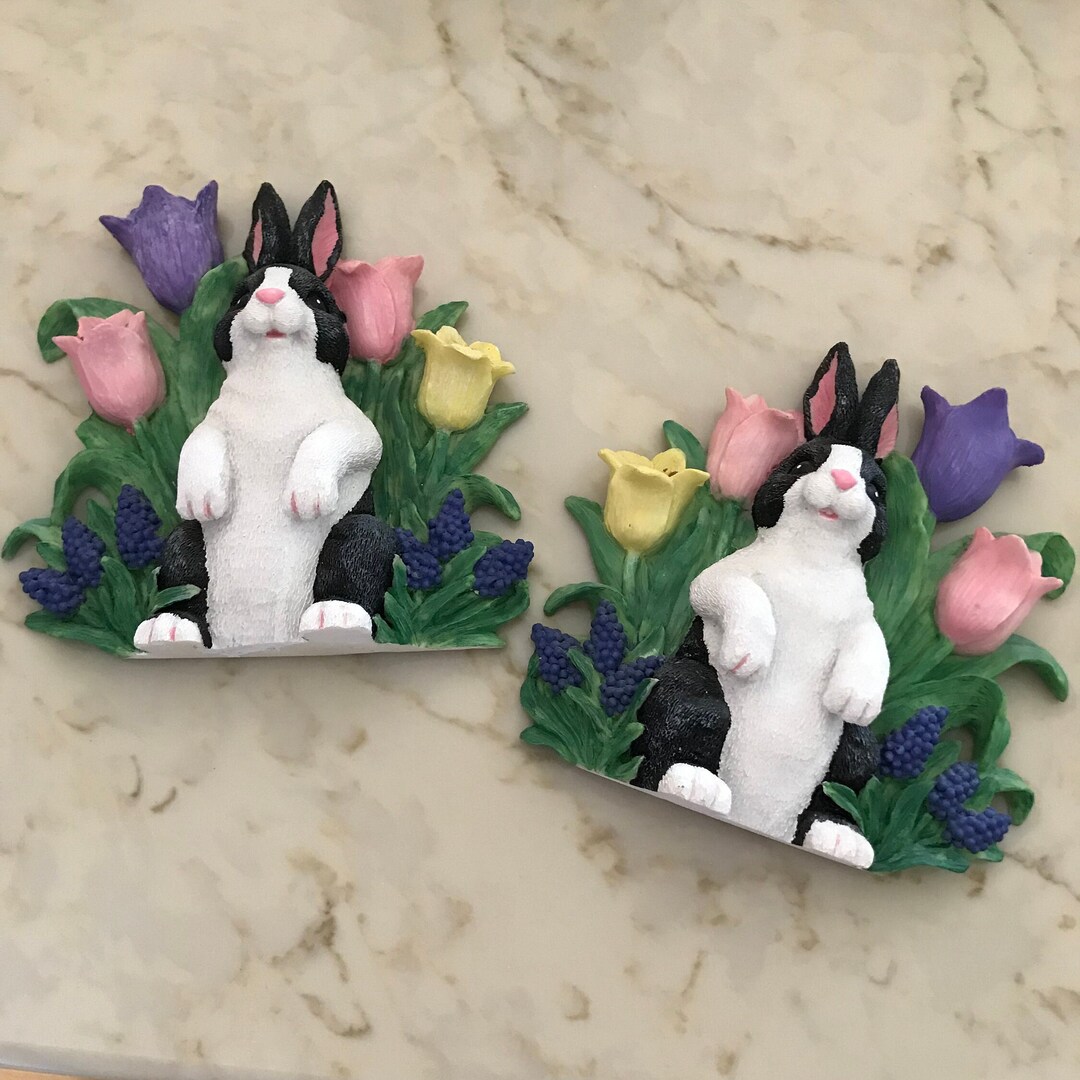 2 Black & White Bunny Rabbits Bookends in a Pink, Purple and Yellow ...