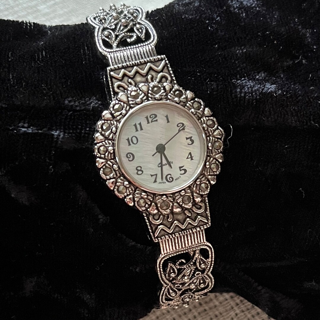 Genuine Marcasite Silver Tone Cuff Bracelet Watch, 7" L, Analog Quartz ...