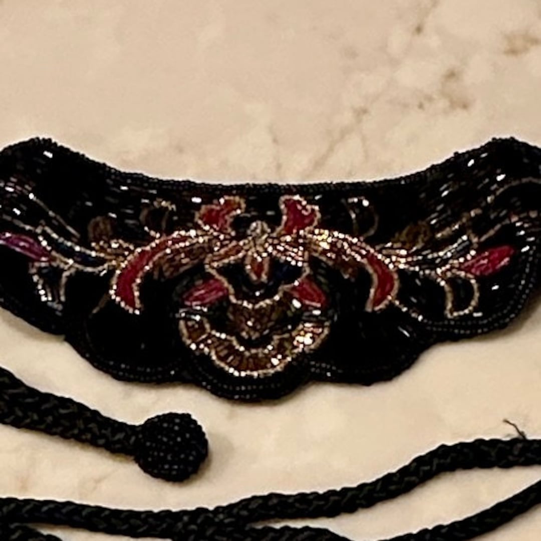 Black, Gold & Pink Beaded Cummerbund Sash W/ Abstract Pattern, Asian ...